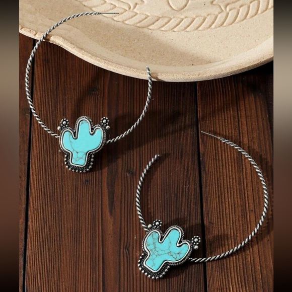 Jewelry | Western Turquoise Cactus Hoop Earrings | Poshmark